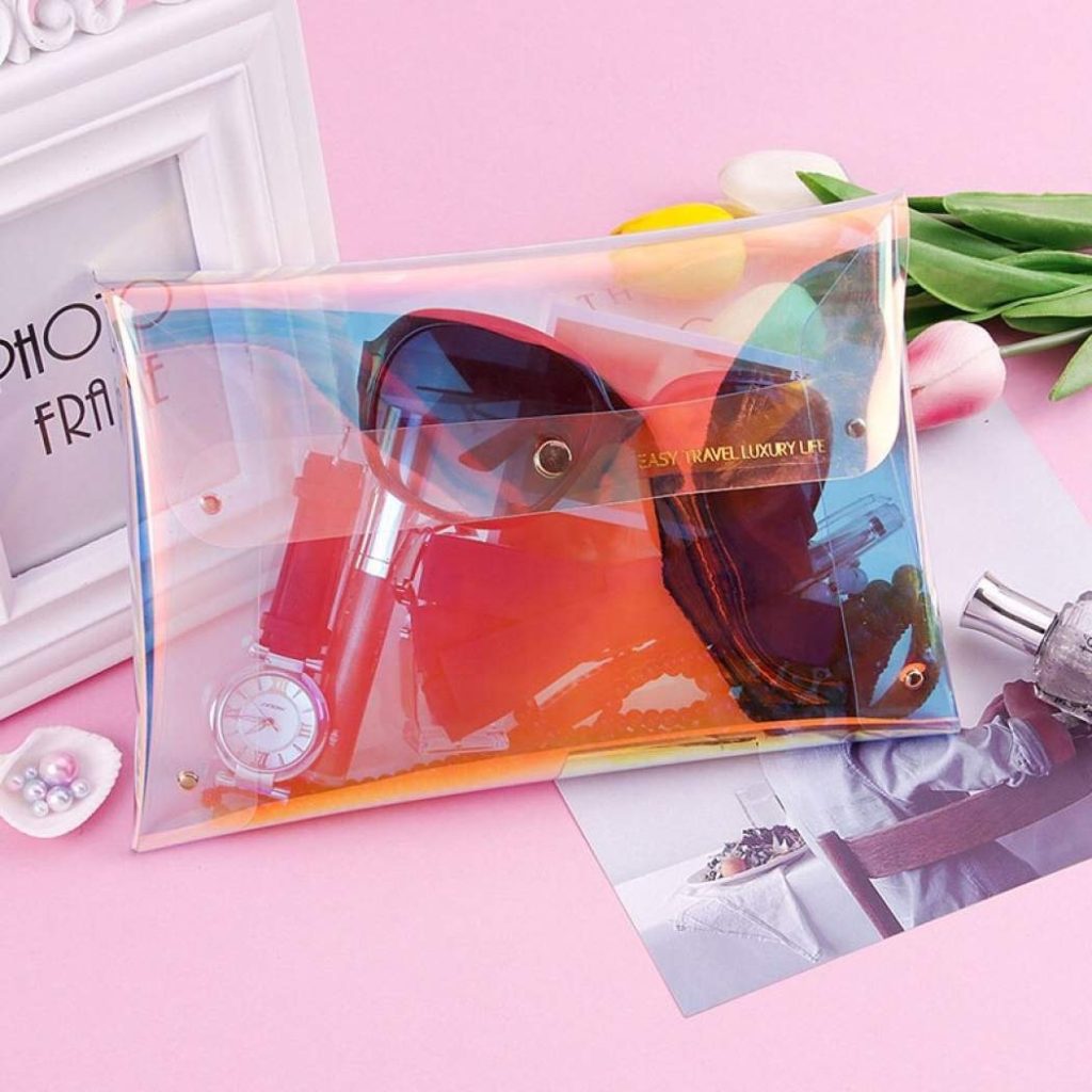 Custom transparent snap button envelope PVC cosmetic bag